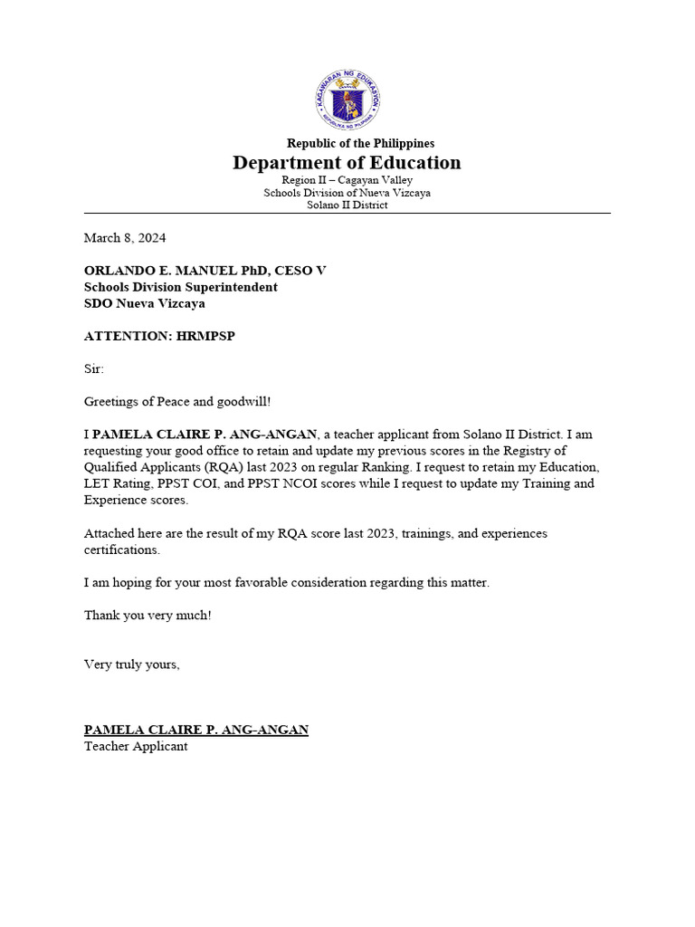 Letter of Request For The Retention of Points | PDF