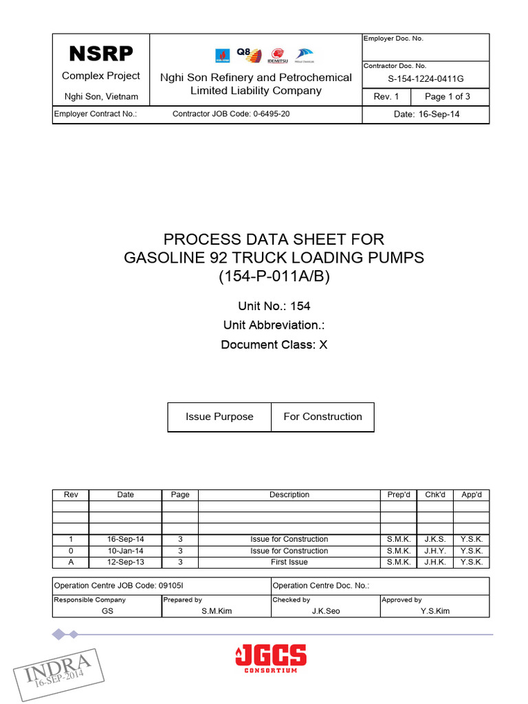Indra: Process Data Sheet For Gasoline 92 Truck Loading Pumps (154-P ...