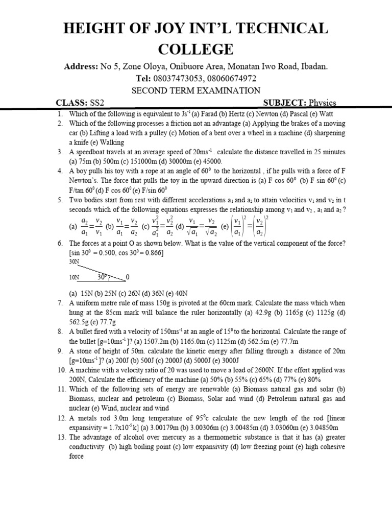 Physics Mathematics and Chemistry (Ss2) - 072955 | PDF | Force ...