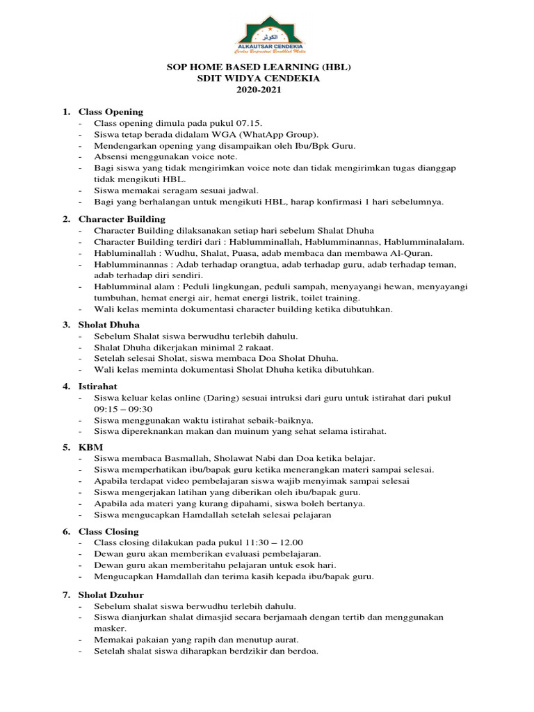 Sop HBL Siswa 2020 | PDF