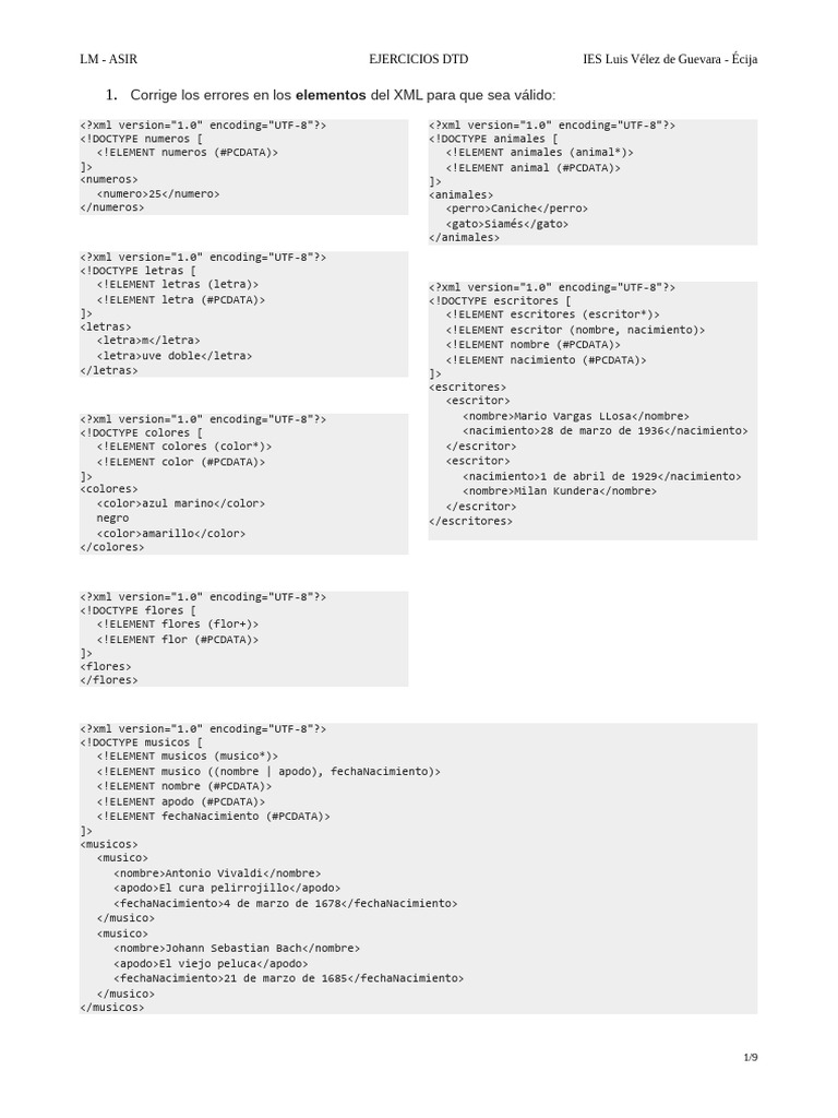 LM - UT 5. Ejercicios DTD | PDF | Xml | Estándares del consorcio World Wide Web