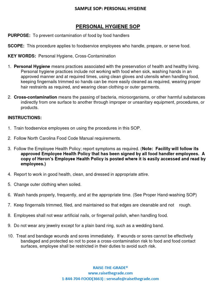 Sample SOP - Personal Hygeine | PDF | Hygiene | Hand Washing