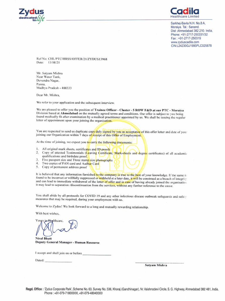 cadila Offer-Letter | PDF