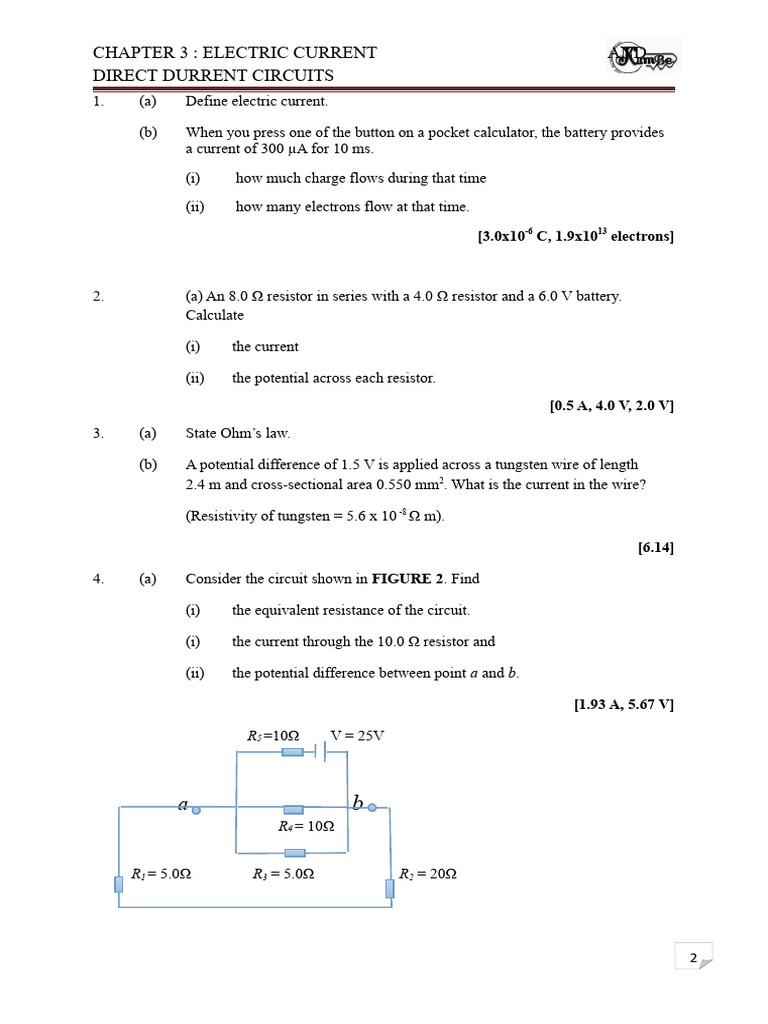 Soalan KumBe Topik 3 Electric Current and Direct Current | PDF