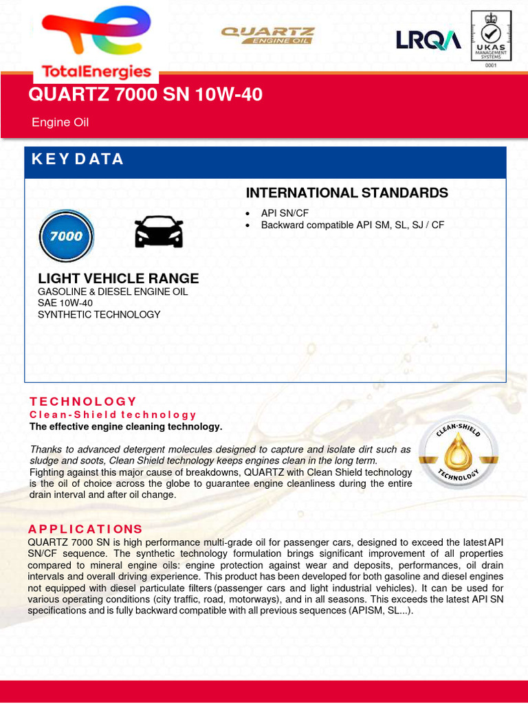 Quartz 7000 SN 10W-40 PDS | PDF | Motor Oil | Liquids