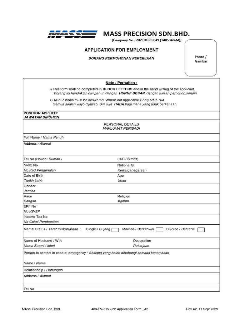 Job Application Form - MASS Precision SDN BHD | PDF