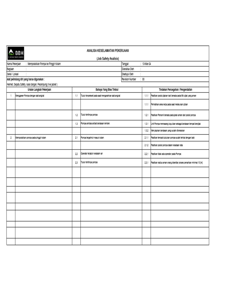 JSA Menurunkan Pompa Ke Pinggir Kolam PDF | PDF