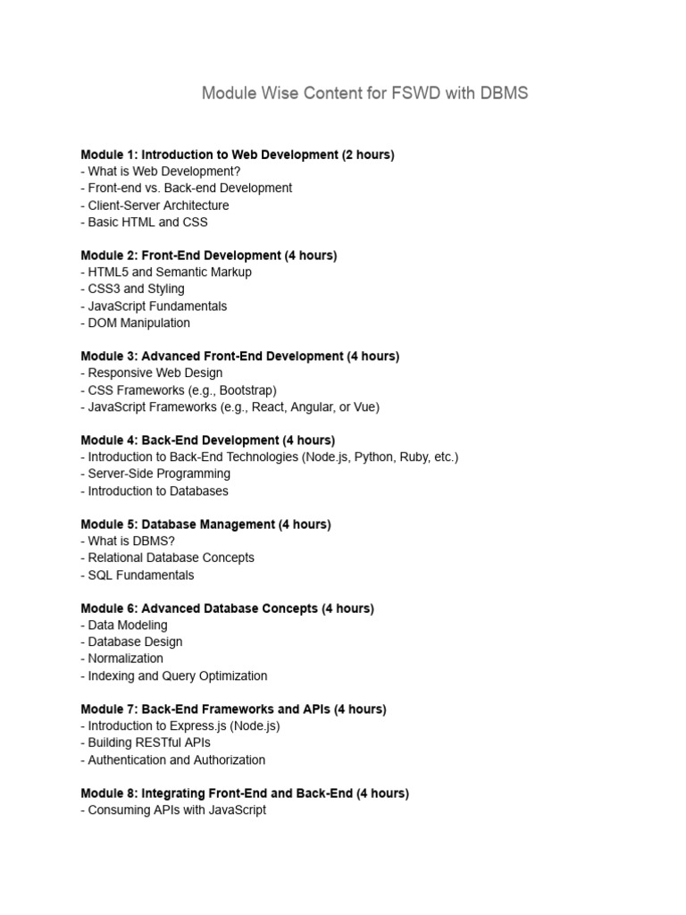 Training - Module Wise Content for FSWD With DBMS | PDF