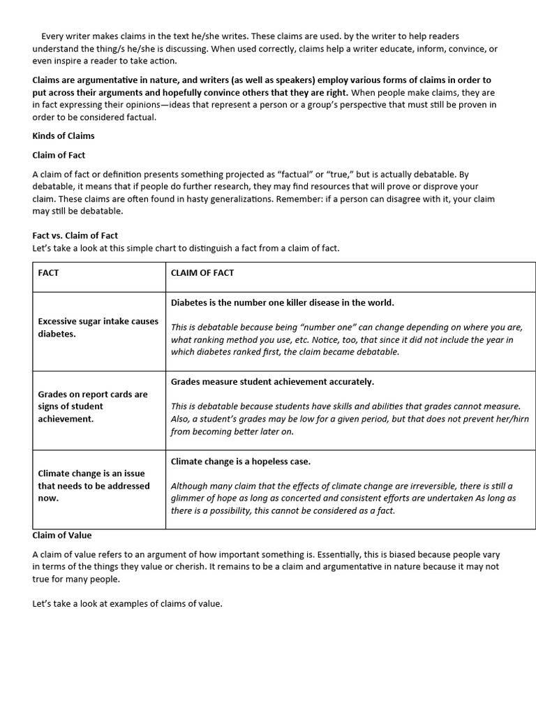 Types of Claims For Demo | PDF | Cognition | Cognitive Science