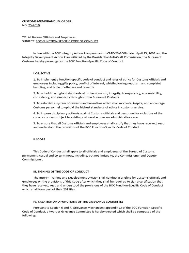 BOC Function-Specific Code of Conduct | PDF | Customs | Audit