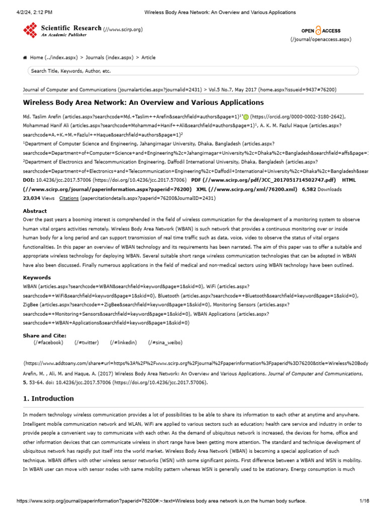 Wireless Body Area Network An Overview And Various Applications Pdf Wi Fi Bluetooth