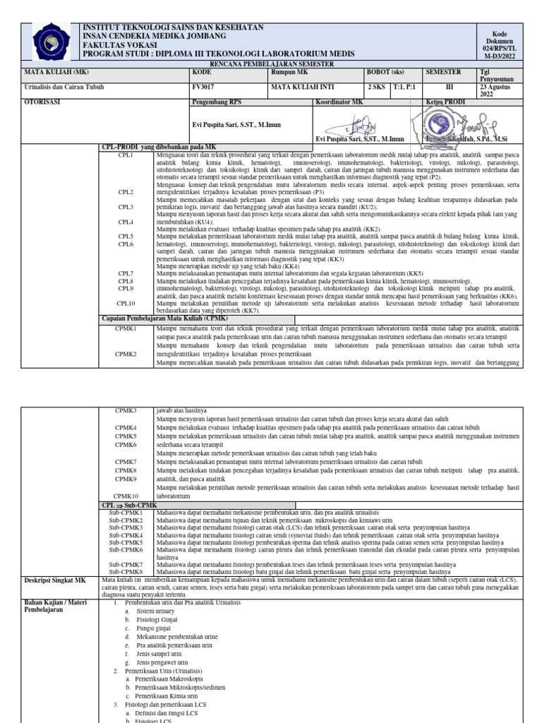 Rps Urinalisis Dan Cairan Tubuh Sem 3 20222023 1 | PDF