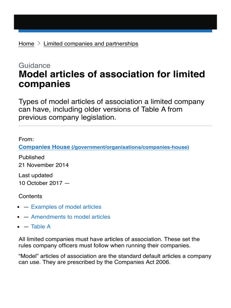 Model Articles of Association For Limited Companies - GOV - UK | PDF ...