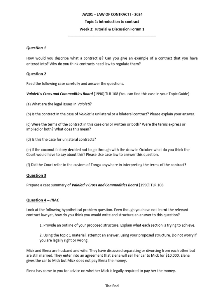 Week 2 - Tutorial 1 - Introduction To Contract (2024) | PDF