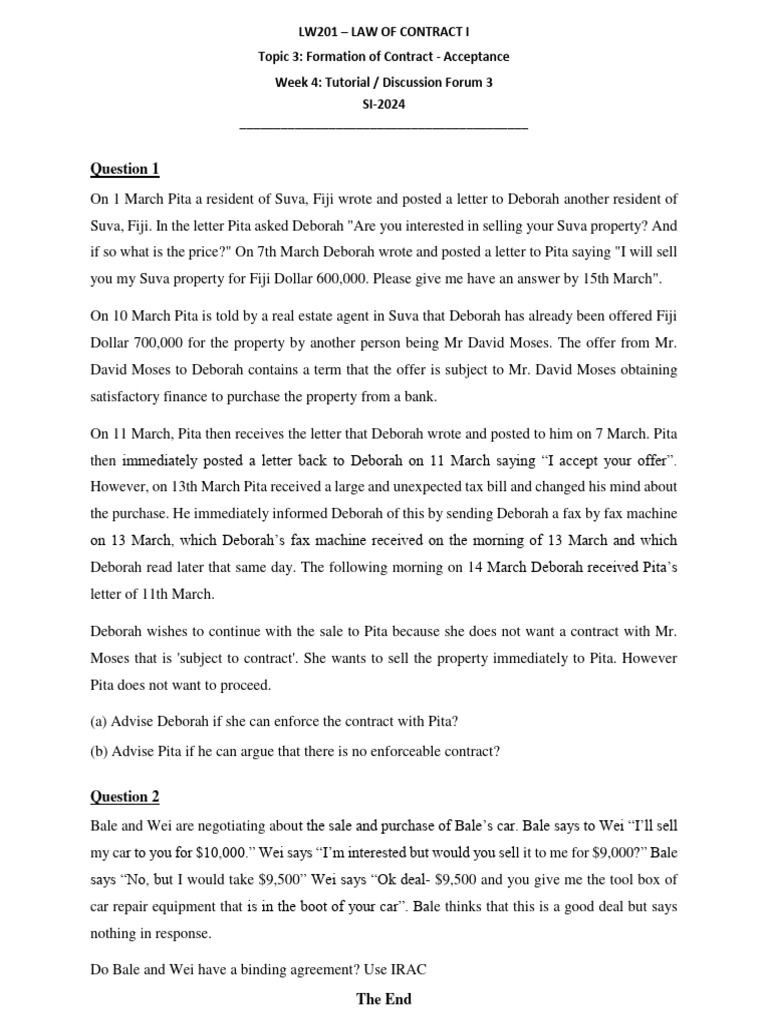 Tutorial 3 - Question - Formation of Contract - Acceptance (2024) | PDF