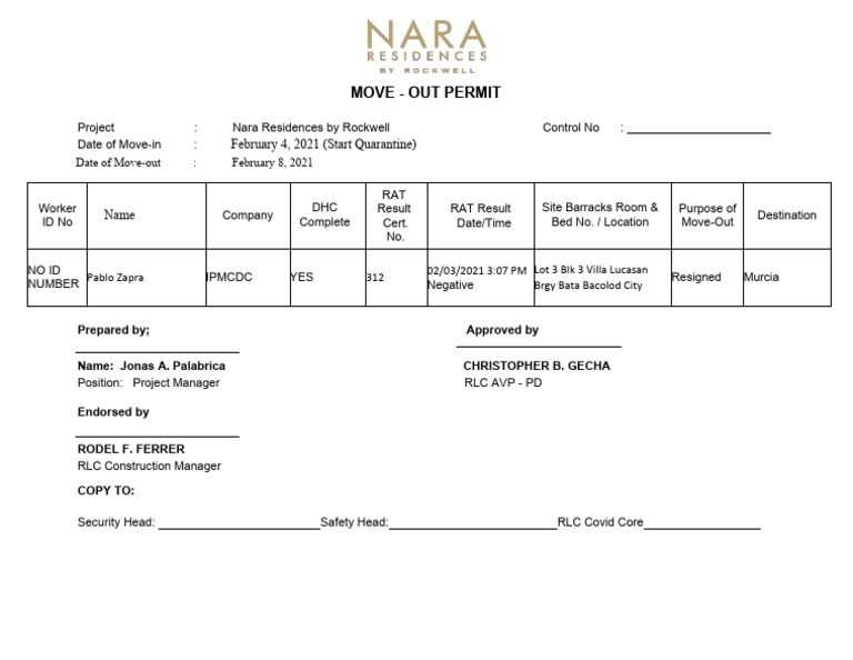 Move Out Permit Form | PDF