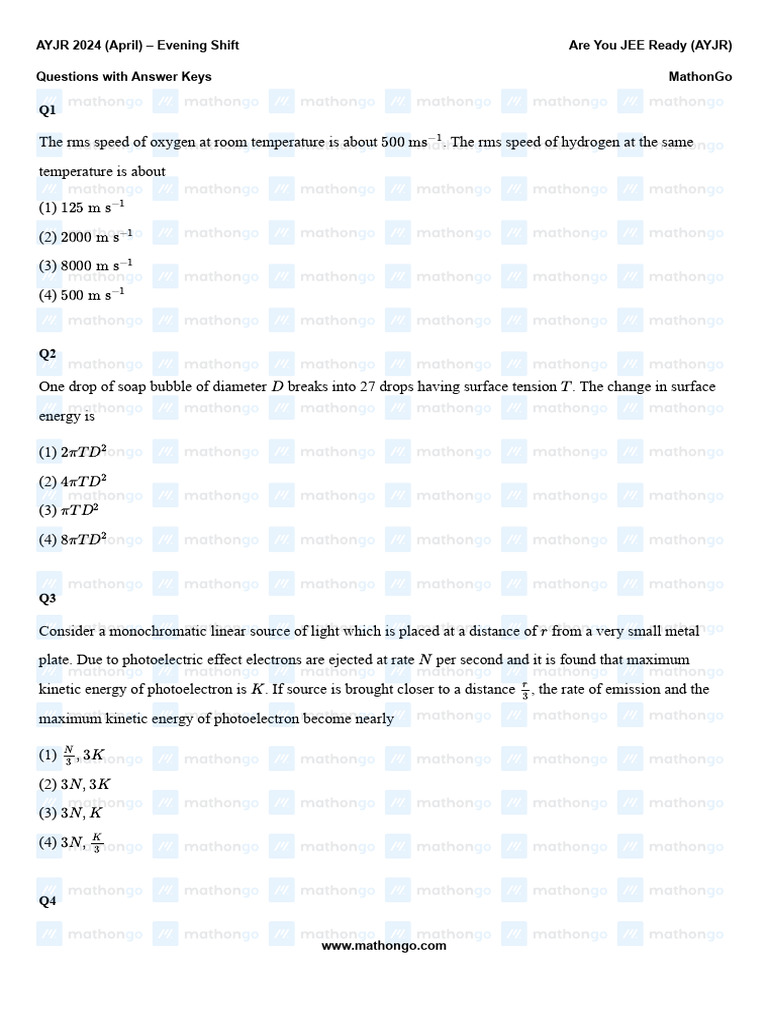 AYJR 2024 April Evening Shift Paper | PDF | Photoelectric Effect ...