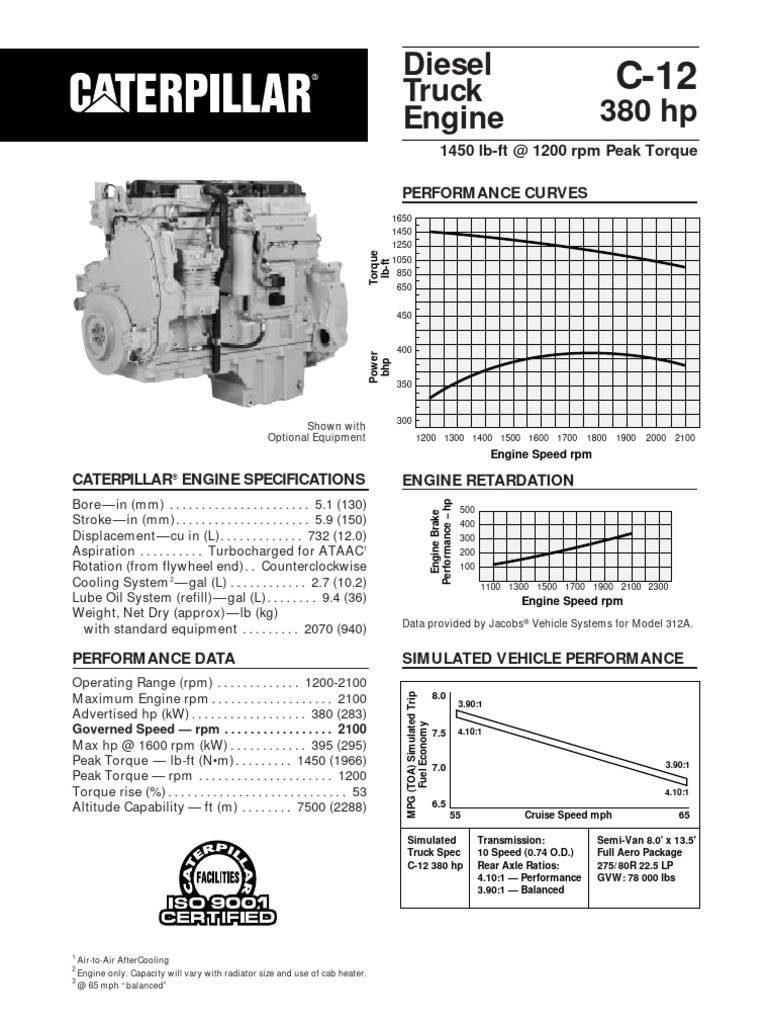 C-12 380 HP Spec Sheet | PDF | Horsepower | Engines