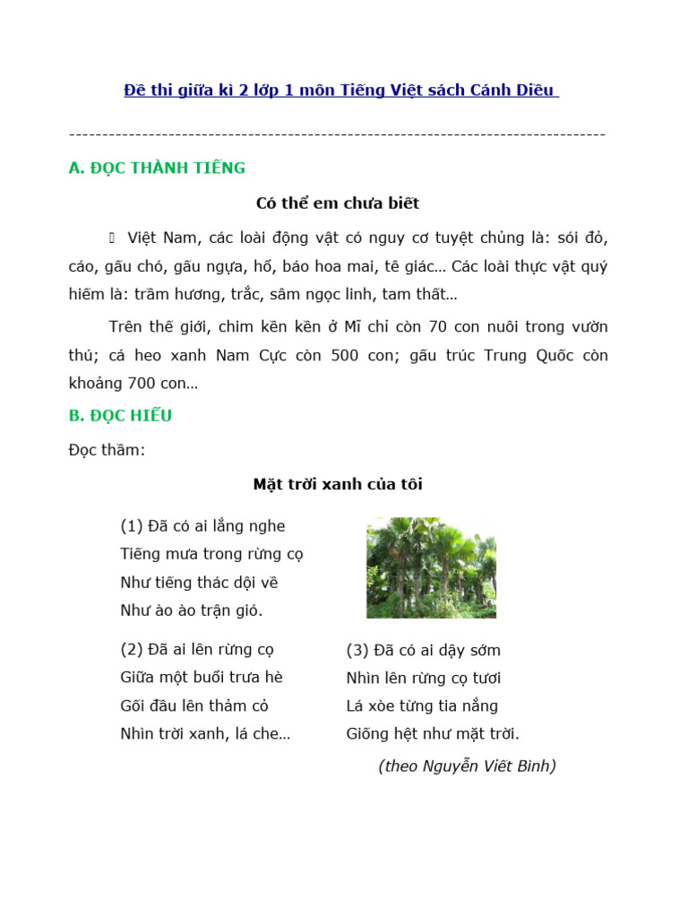 De Thi Giua Ki 2 Lop 1 Mon Tieng Viet Sach Canh Dieu de 3 | PDF