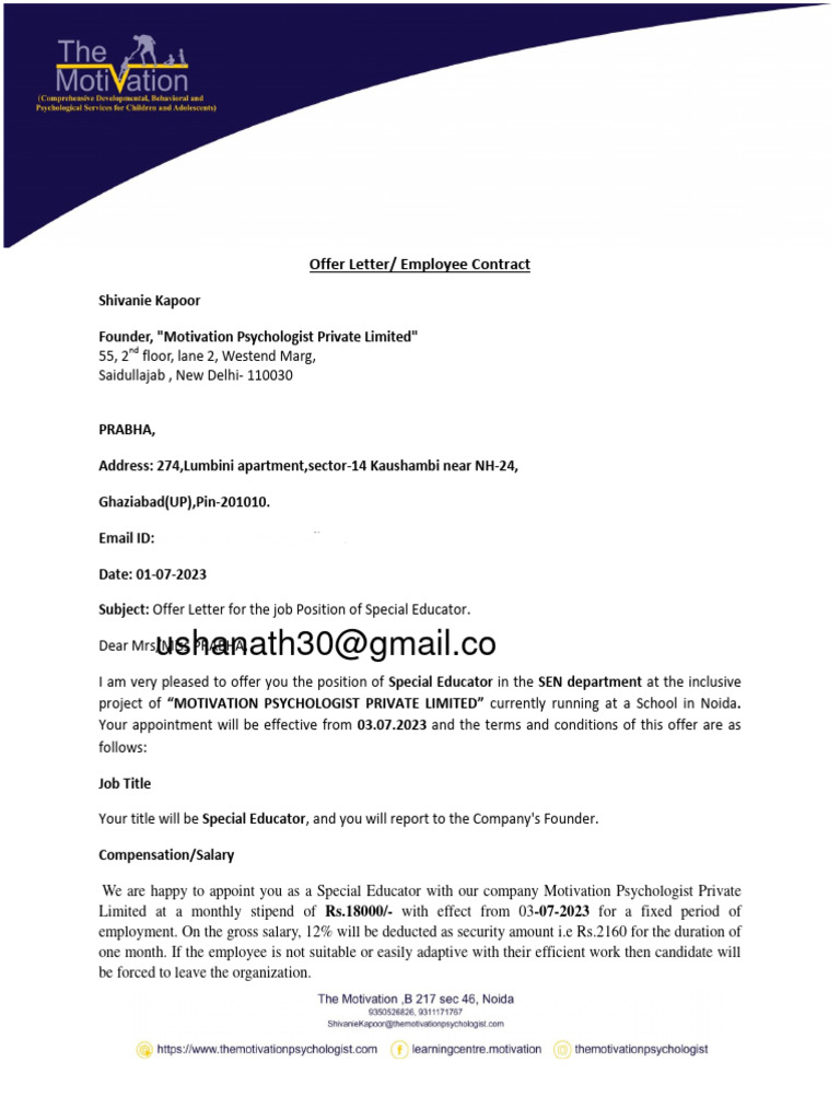 Prabha Gautam Dev Offer Letter_edited | PDF | Employment | Salary