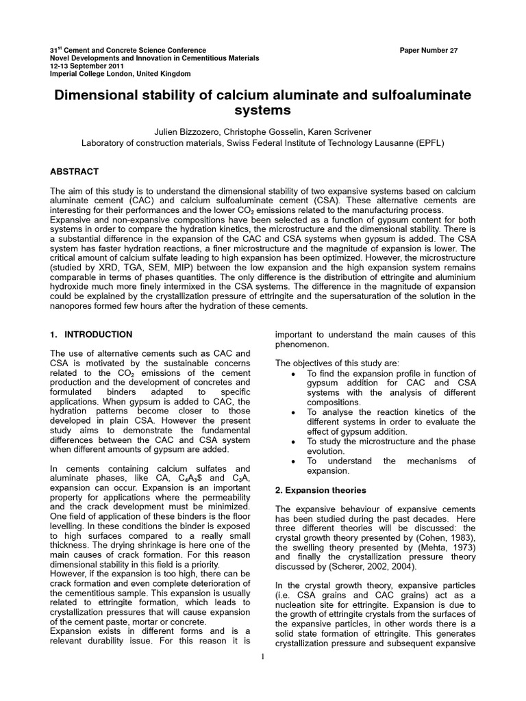 Dimensional Stability of Calcium Aluminate and Sulfoaluminate | PDF ...