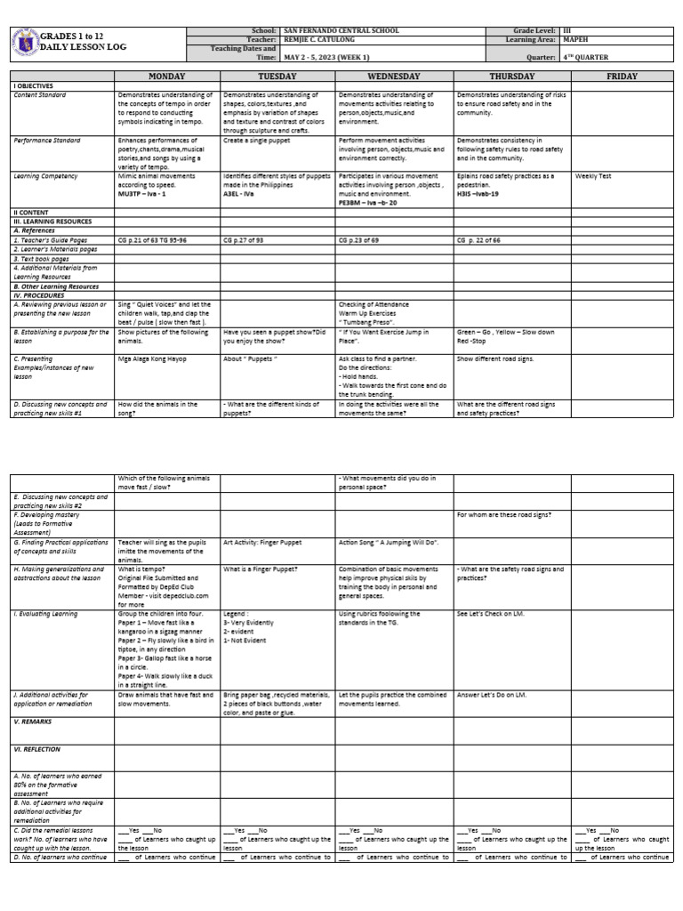 DLL - Mapeh 3 - Q4 - W1 - Grade - 3 | PDF | Learning | Teachers