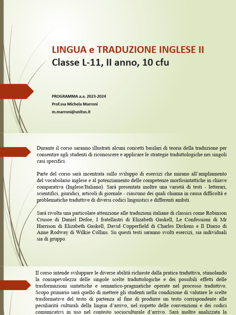 Presentaz. Ling. e Trad. Ing. II A.A. 2023-24 | PDF