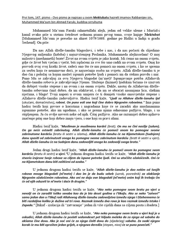 I, 147 (Hadisi) Pismo Imammi Rabbanijevog Sina (Dorađeno) | PDF