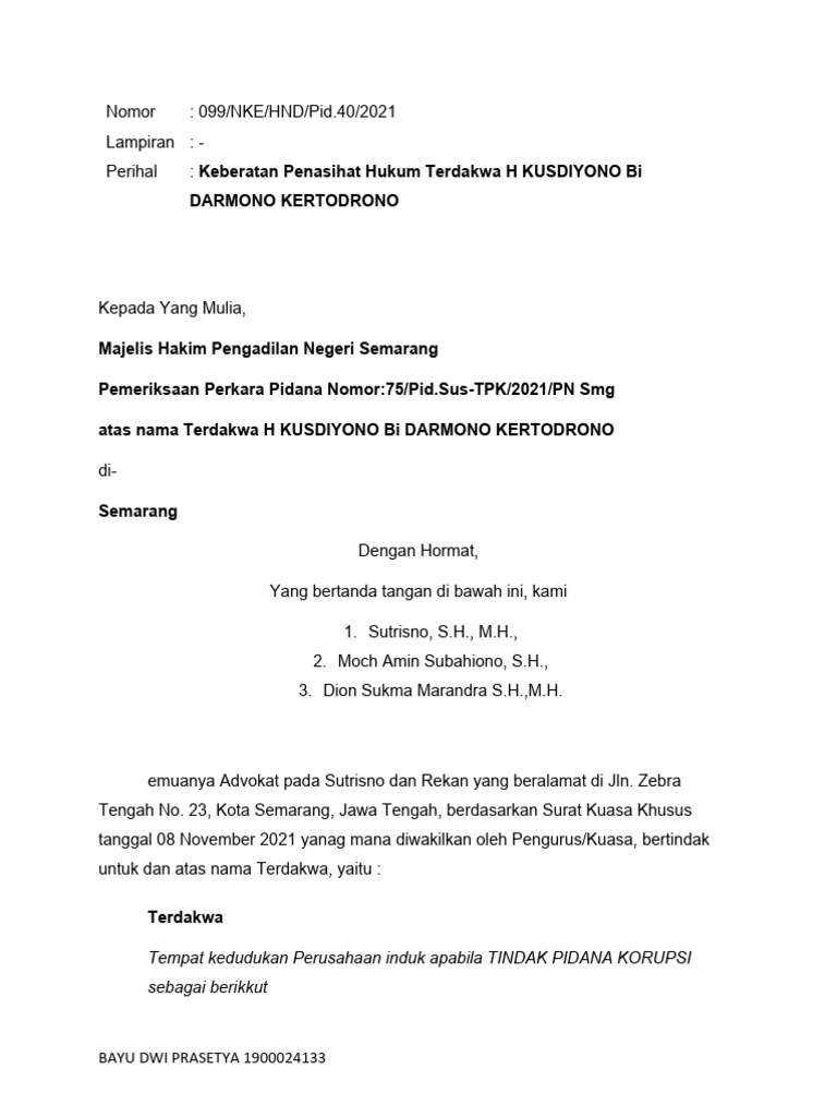 Nota Keberatan Bayu Dwi 1900024133 | PDF