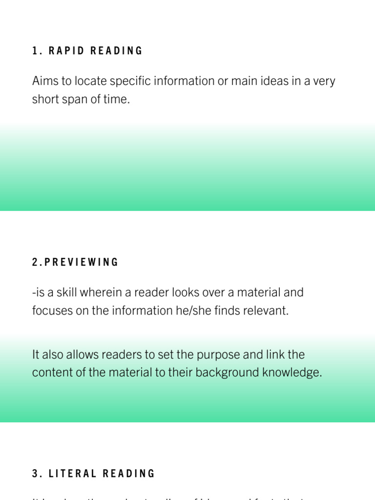 Reading Skills: Techniques and Types | PDF | Thought | Inference