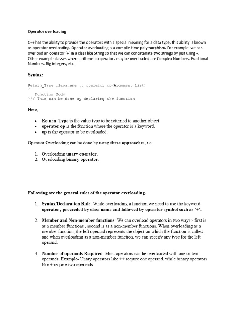 Operator Overloading | PDF | Computer Programming | Software Engineering Operator Overloading | PDF | Computer Programming | Software Engineering