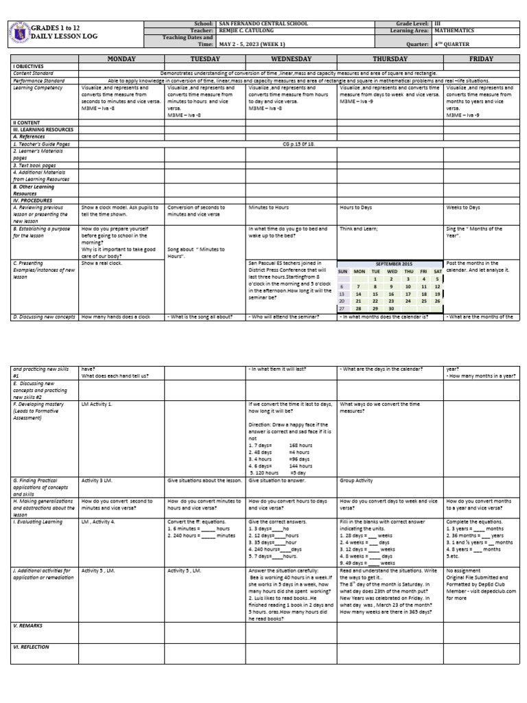 Grade 3 Math Lesson Plans: Time Conversion | PDF | Learning | Teachers