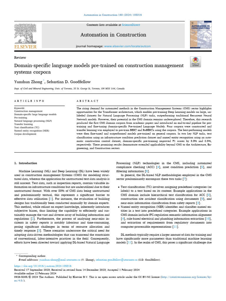 Domain Specific Language Models Pre Trained On Constru - 2024 - Automation in Co | PDF | Deep ...