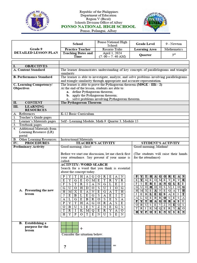 GR 9 DLP - Pythagorean Theorem | PDF | Triangle | Geometry