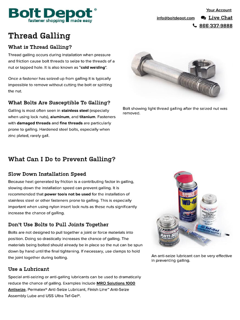 Bolt Depot - About Thread Galling | PDF