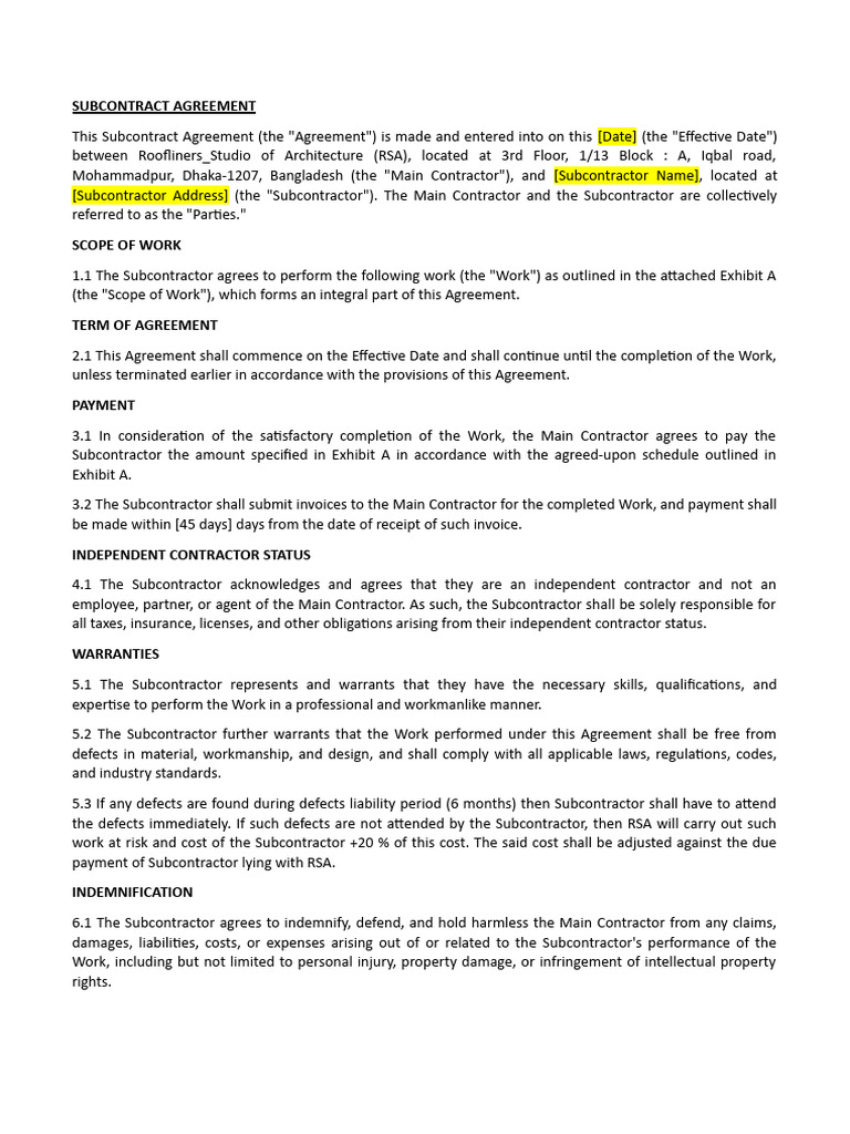 Subcontract Agreement Template | PDF | Indemnity | Justice