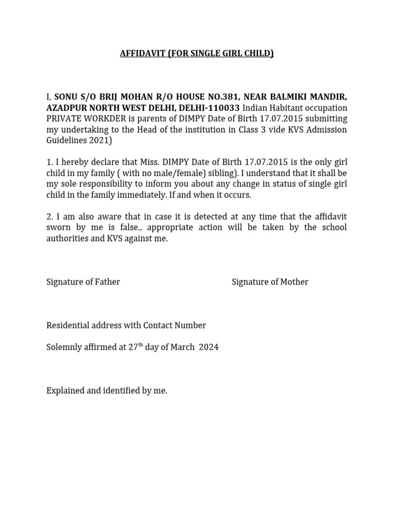 KVS Single Child Affidavit | PDF