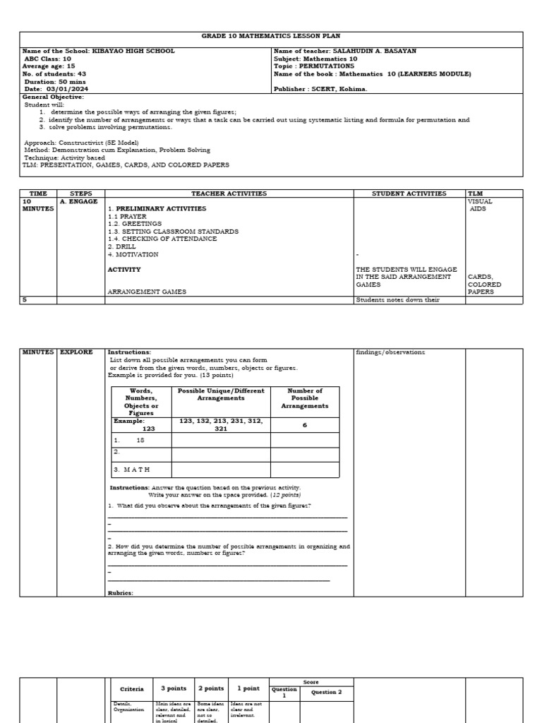 Bas Demo Grade 10 Mathematics Lesson Plan GS | PDF | Permutation | Lesson Plan