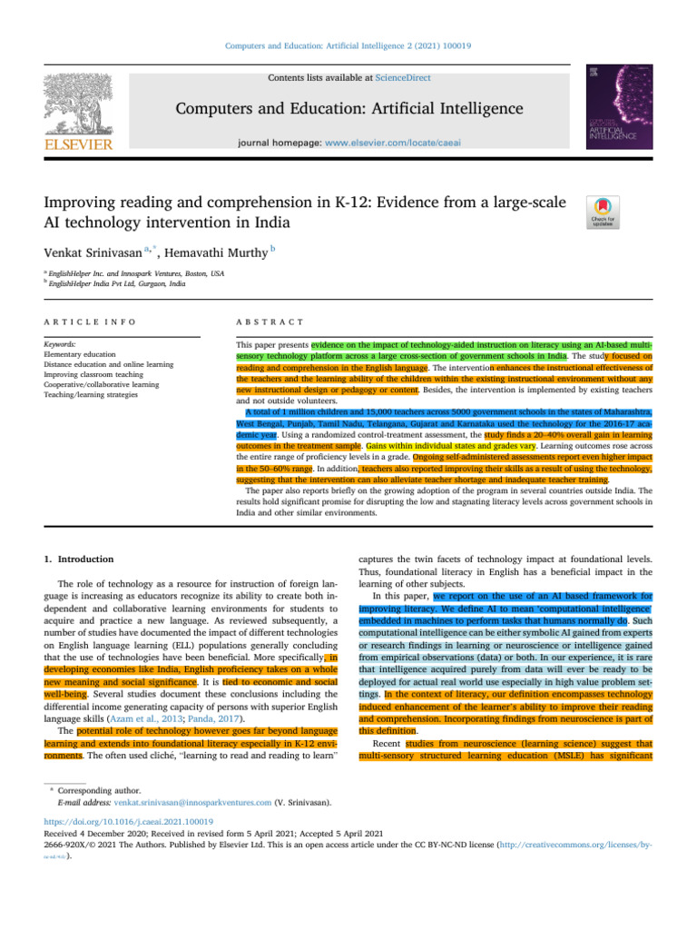 Improving Reading and Comprehension in K-12 - Evidence From a Large-scale AI Technology ...