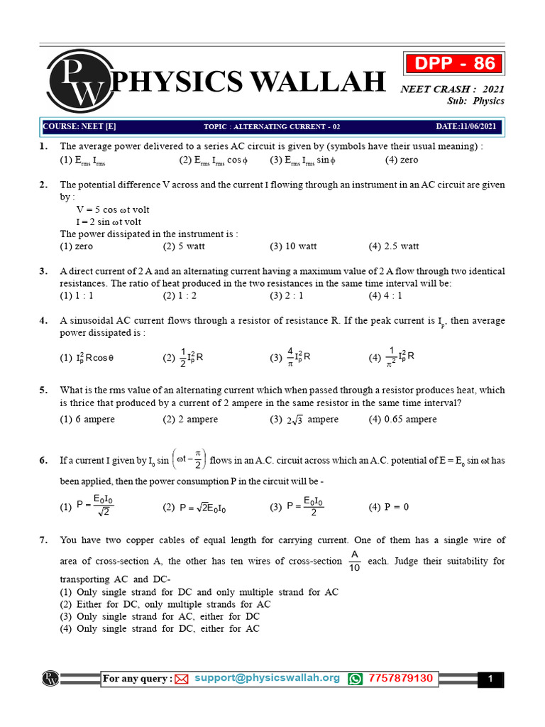 Alternating_Current_DPP_02_Manish_Raj_Sir_Neet_Crash_Course_Relaunch | PDF | Electrical ...