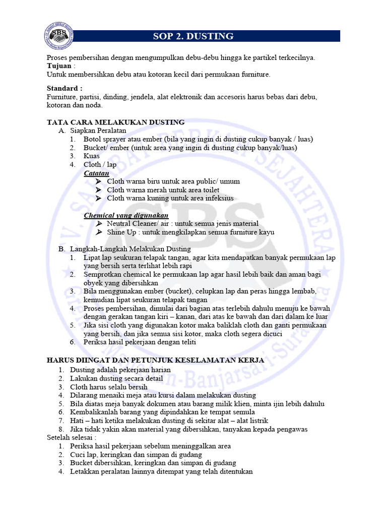 SOP Cleaning Service CV SBS Secara Umum | PDF