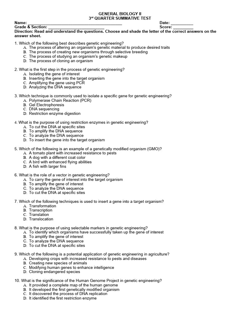 Gen Bio II 3rd Quarter Exam Review | PDF | Genetic Engineering ...