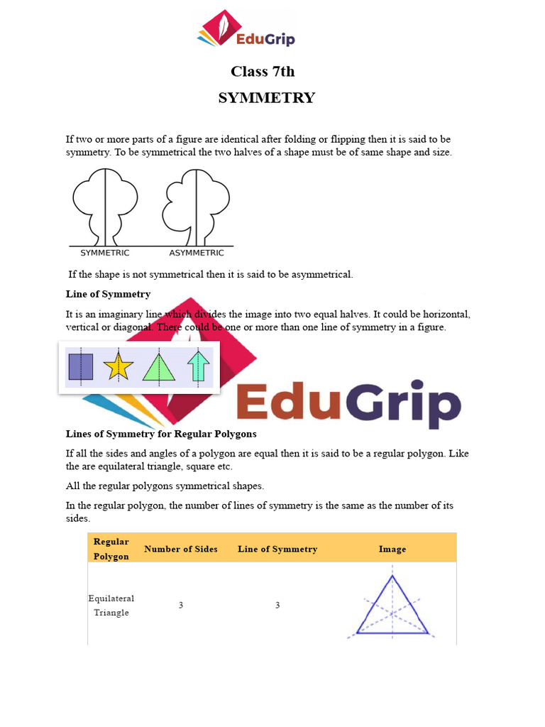 Class 7th Symmetry Notes | PDF | Shape | Symmetry