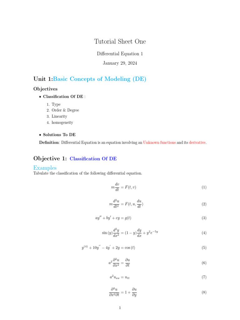 Tutorial_Sheet_One-1 | PDF | Differential Equations | Ordinary Differential Equation