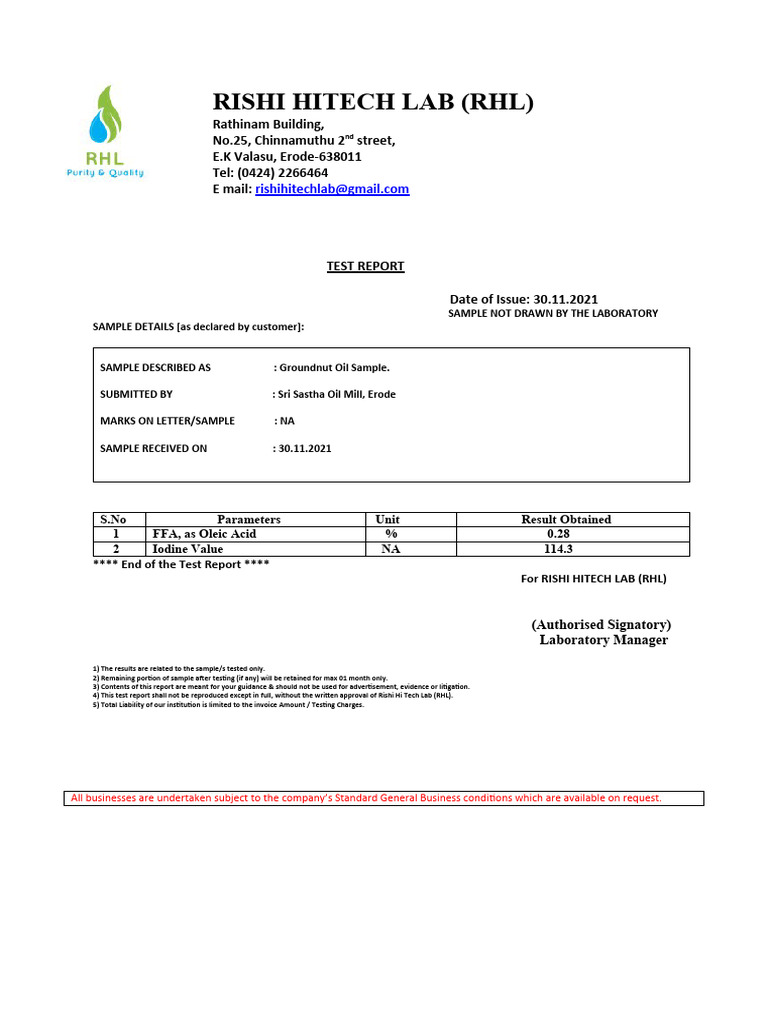 Sastha Oil Groundnut Oil Test Report | PDF