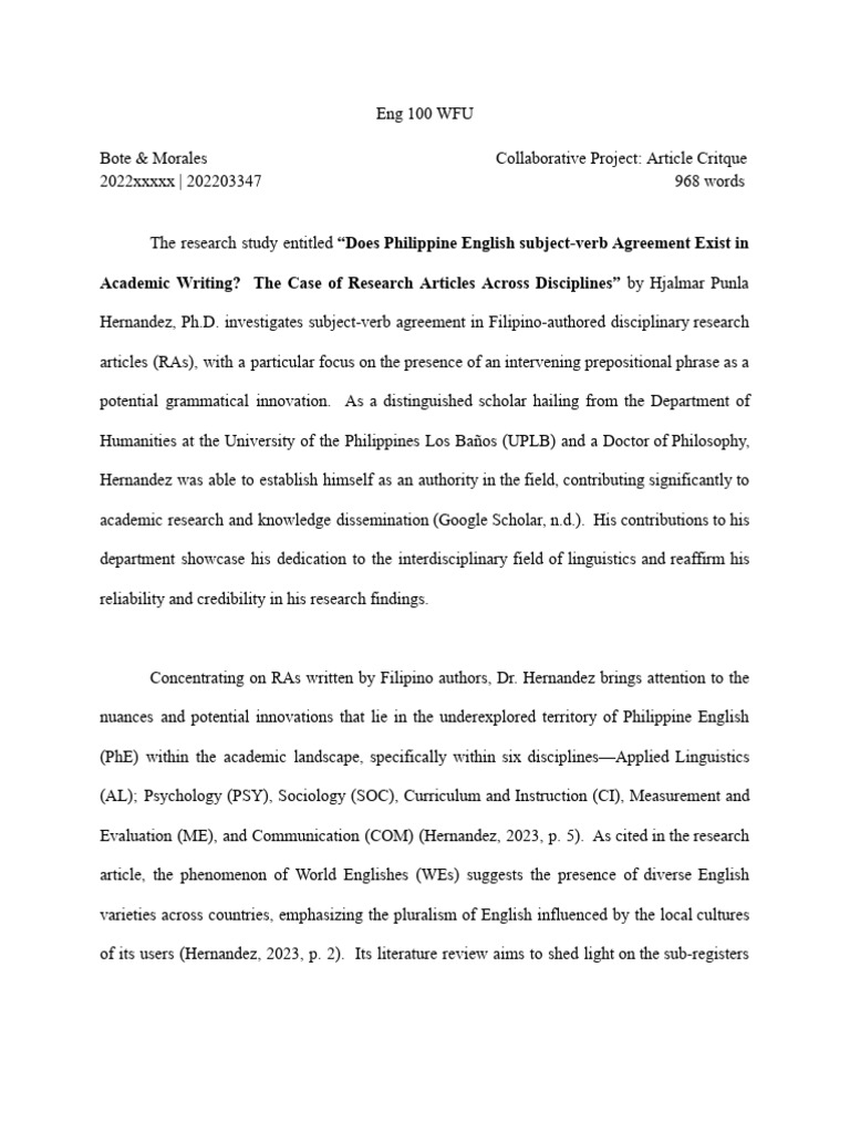 Eng 100 WFU Collaborative Project Bote Morales | PDF | Linguistics | English Language