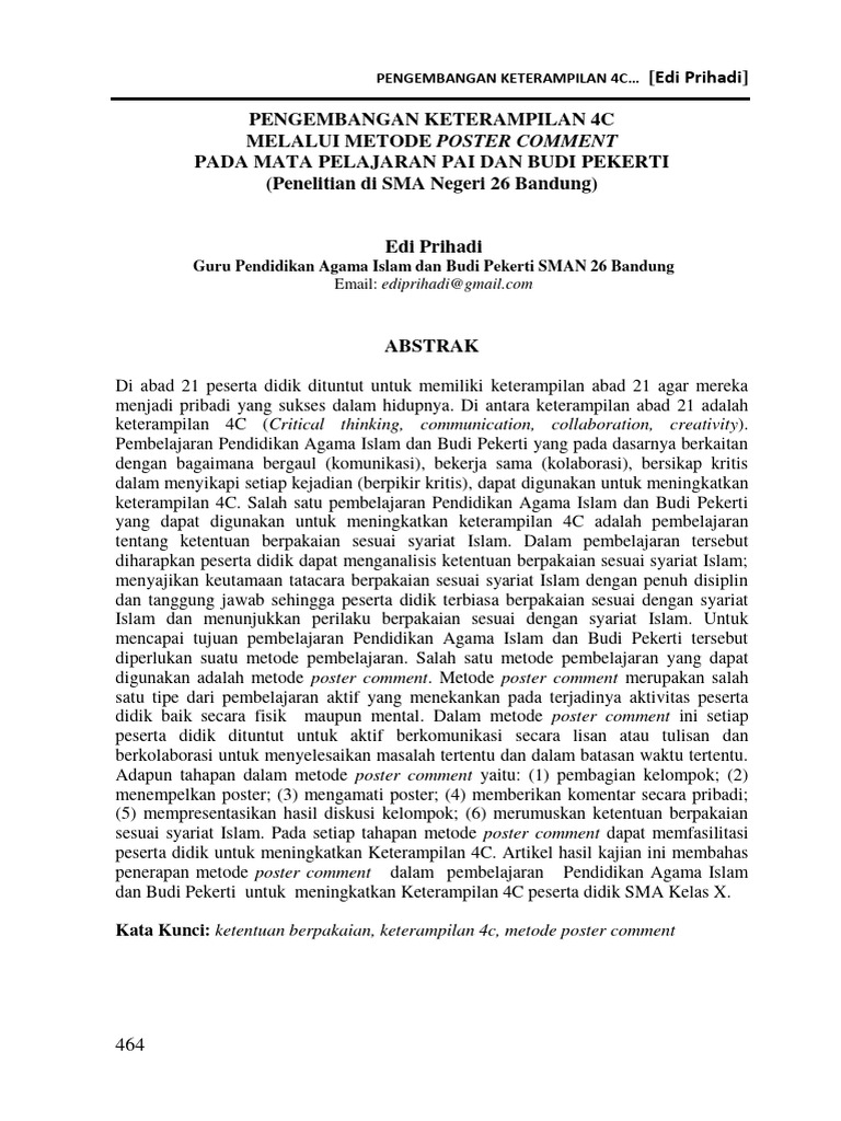 PENGEMBANGAN KETERAMPILAN 4C MELALUI METODE POSTER COMMENT PADA MATA PELAJARAN PAI DAN BUDI ...