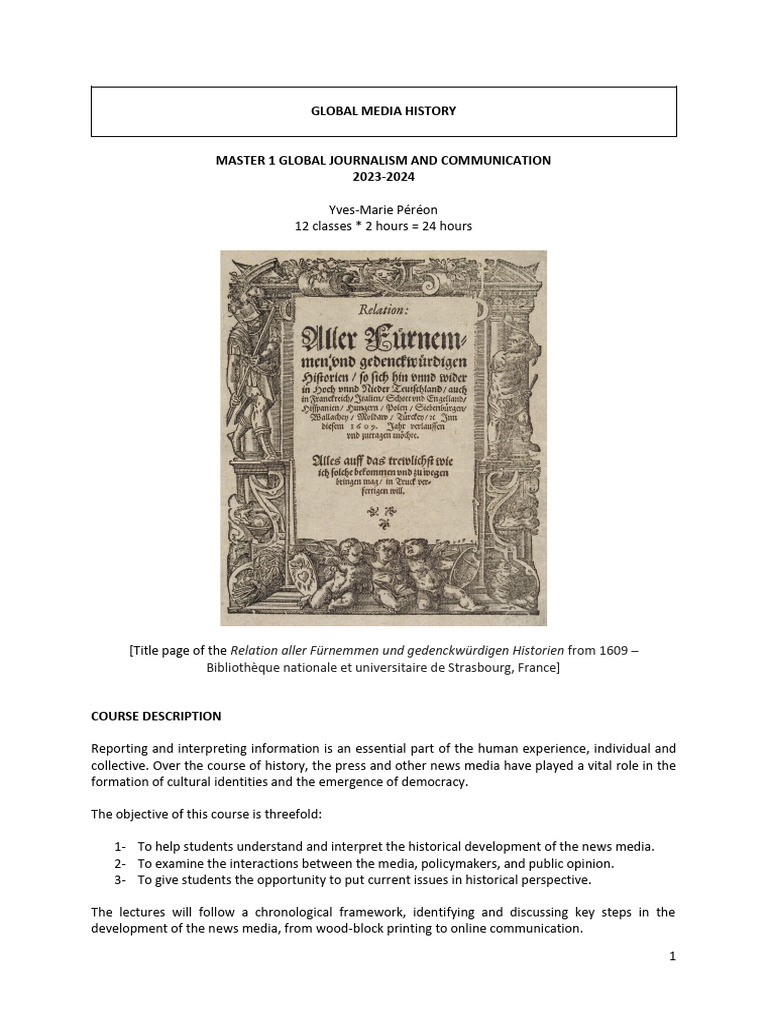 Global Media History - Syllabus & Documents - 2023 | PDF