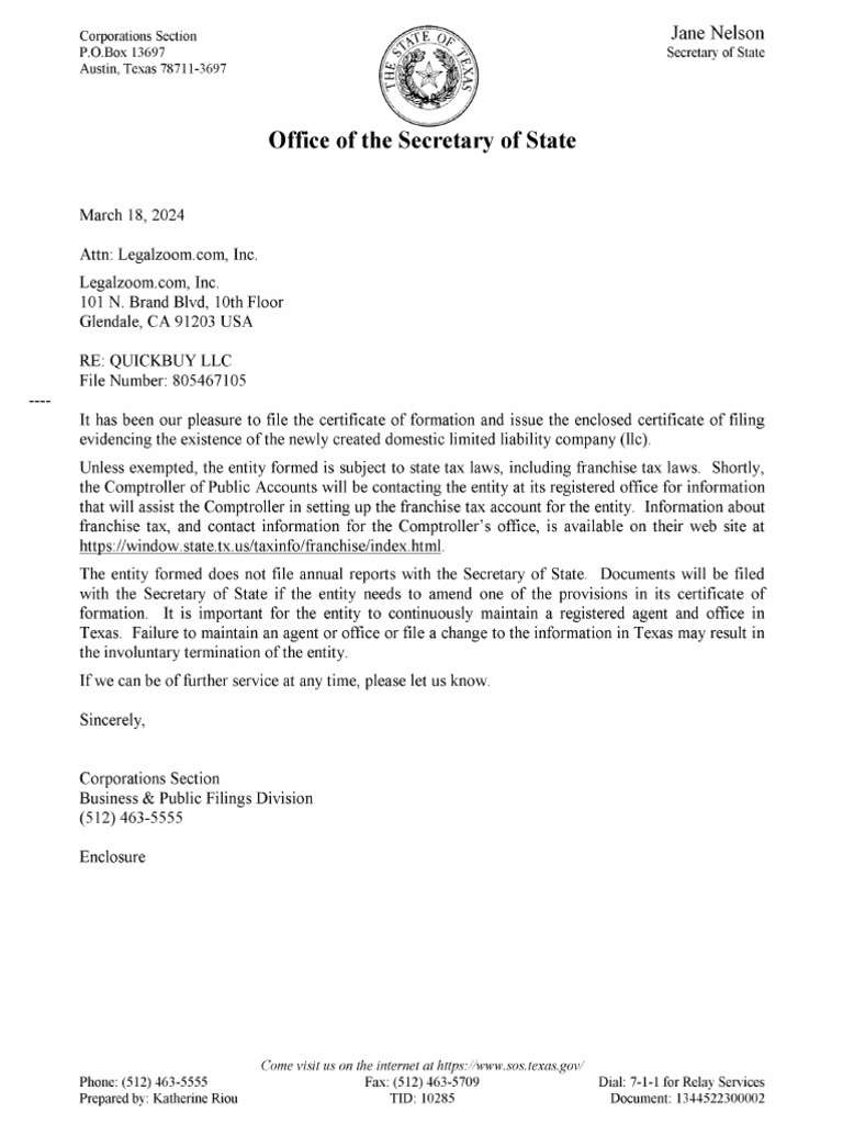 LLC Articles OR Certificate of Organization | PDF