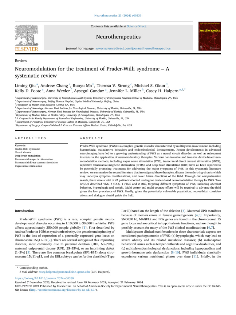 Neuromodulation For The Treatment of Prader-Willi Syndrome - A ...